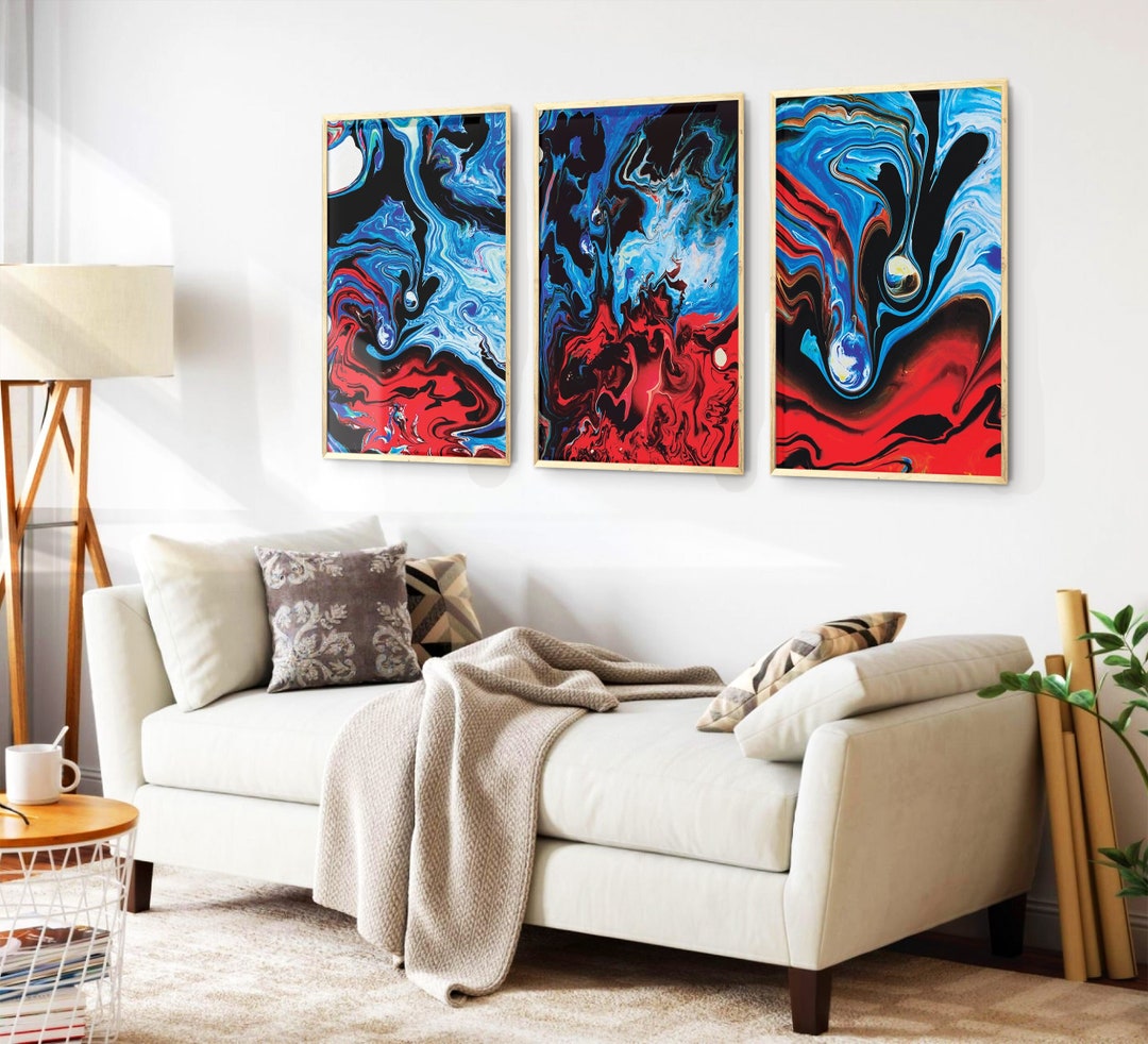 Modern Abstract Art Red Abstract Set of 3 Prints Blue - Etsy