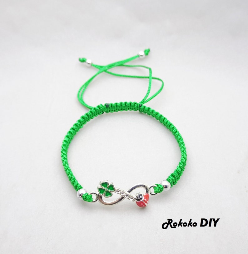 Infinity With Red Ladybug and Clover Charm Macrame Bracelet, Unisex ...
