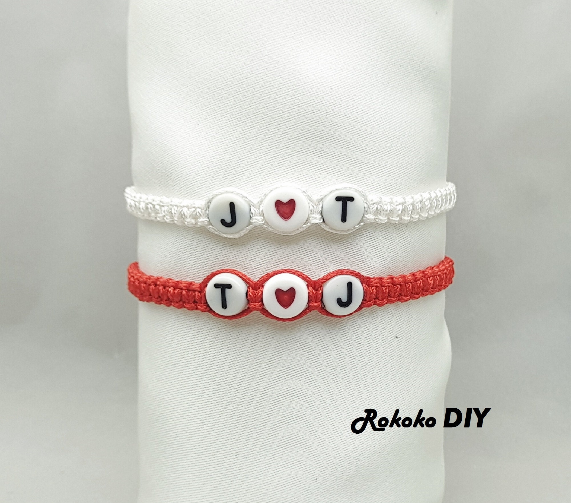 Set of 2 Initials and Heart Bracelets. Adjustable Knot. Personalized ...