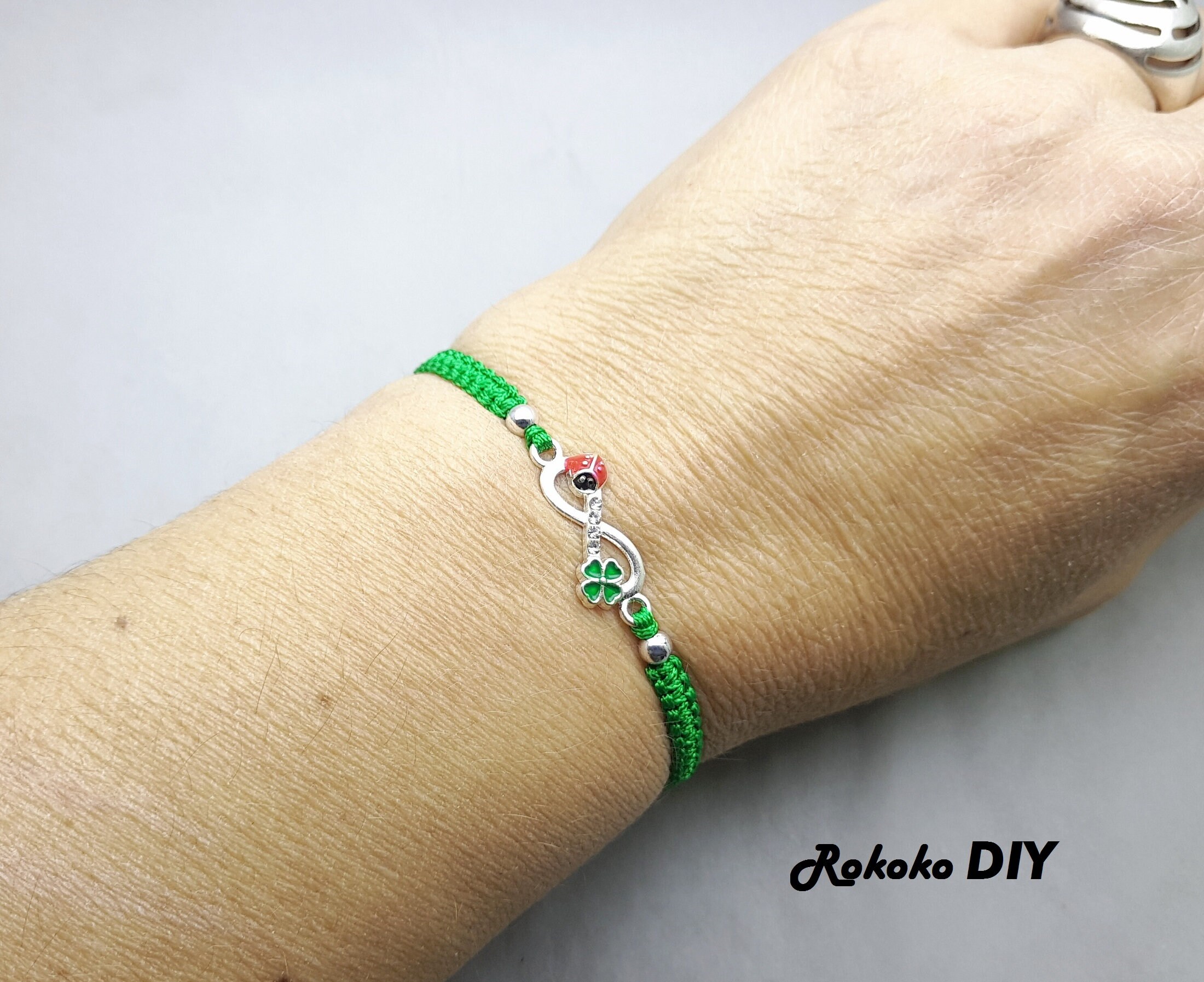 Infinity With Red Ladybug and Clover Charm Macrame Bracelet, Unisex ...