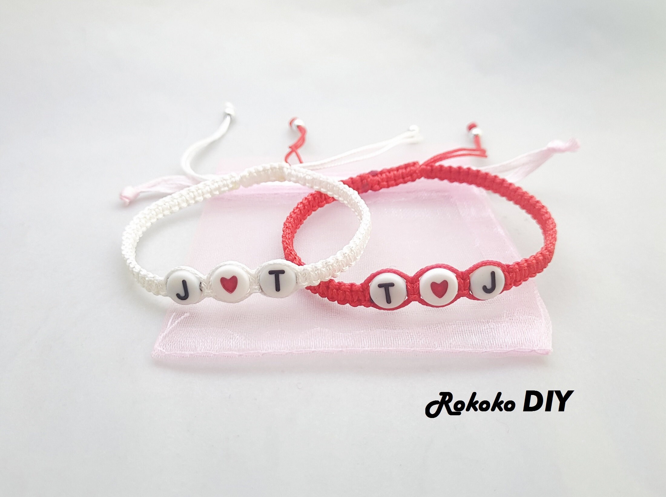 Set of 2 Initials and Heart Bracelets. Adjustable Knot. Personalized ...