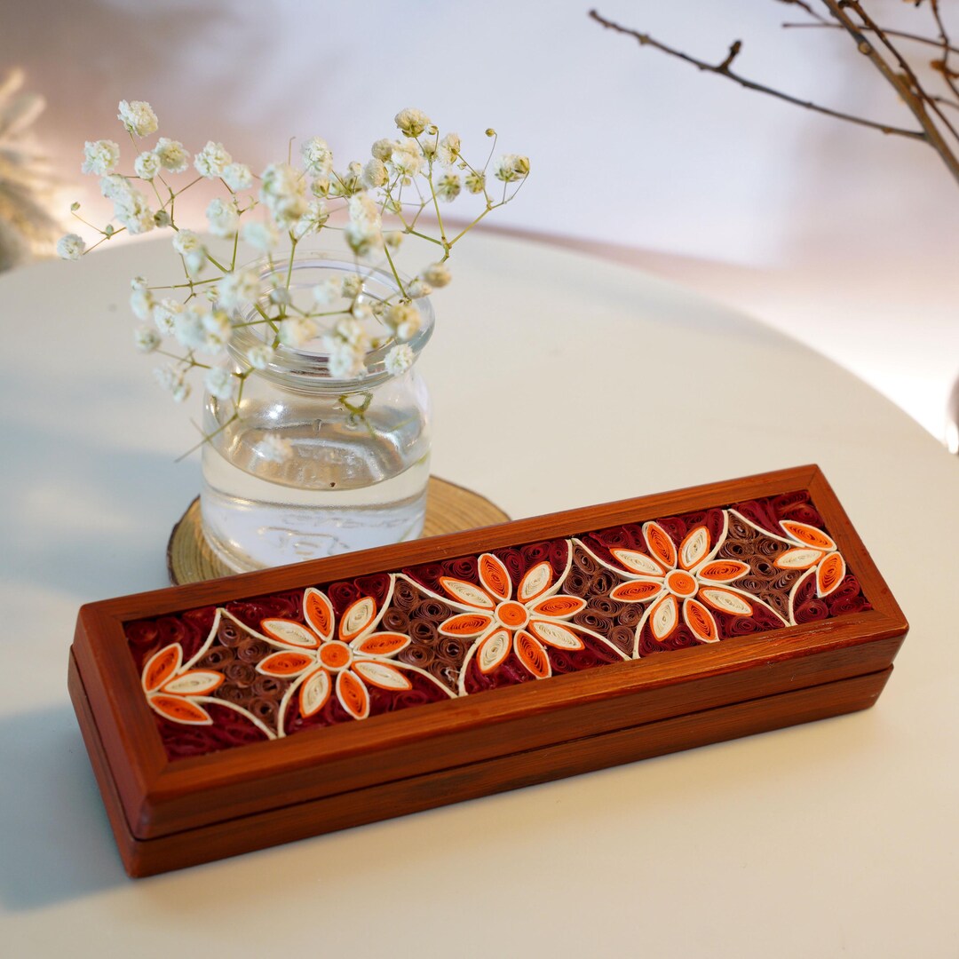 Handmade Bamboo Pen Box: Floral Quilling Paper Art Desk Organizer - Etsy