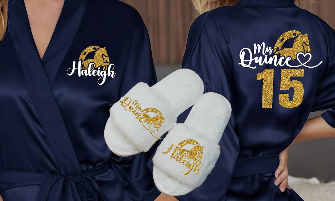 Navy Robe, Charro Mis 15 Satin Robes, Robe With Slippers, Quinceañera ...