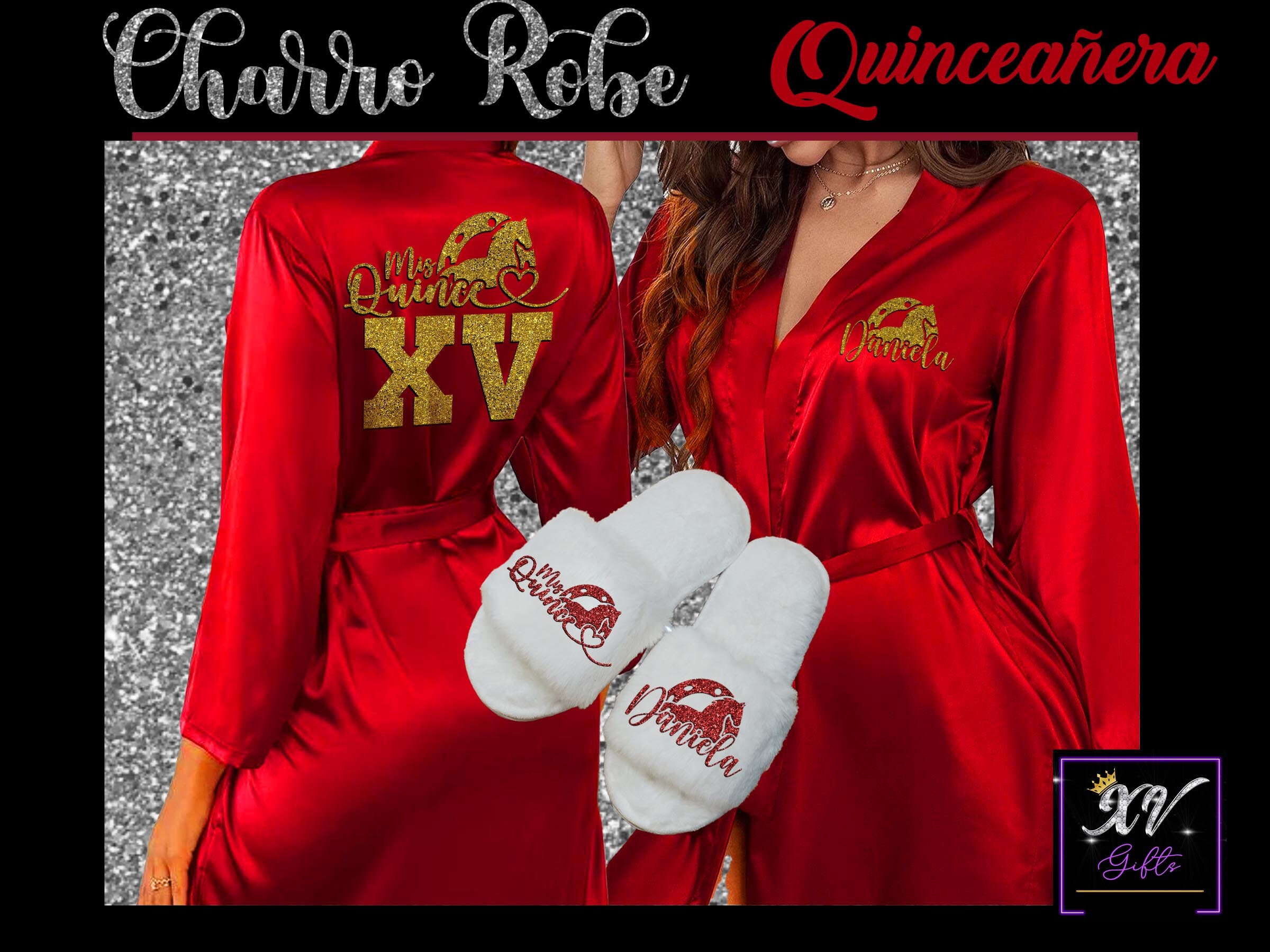 Charro Mis Quince Satin Robes, Red Robe With Slippers, Quinceañera Gift ...