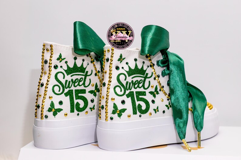 Emerald Green and Gold Personalized Quinceañera High Top Sneakers ...