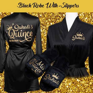 Black Robe Mis Quince | Black Robe With Slippers, Quinceañera Gift ...