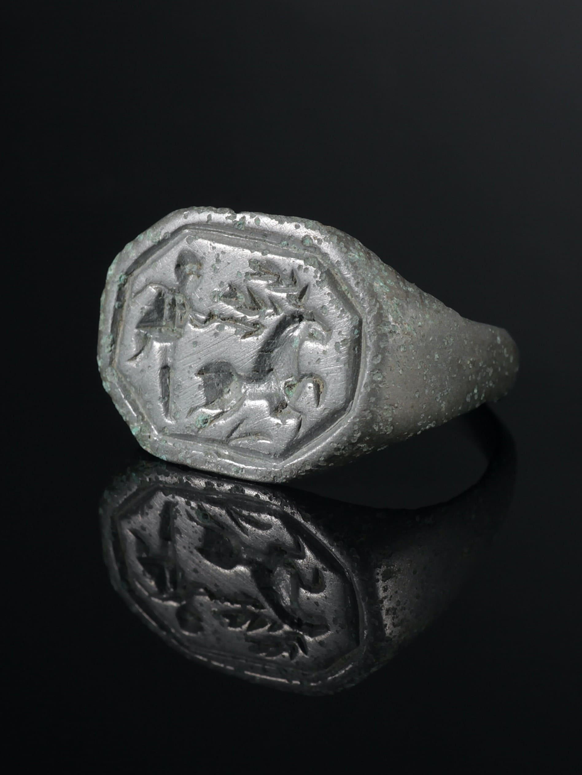 Medieval Signet Ring Deer Hunt Genuine Vintage Rare Old Jewelry Bronze ...