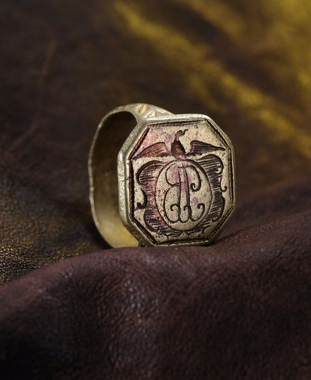 Signet Ring With Family Coat of Arms and Initials Pheonix Antique Ring ...