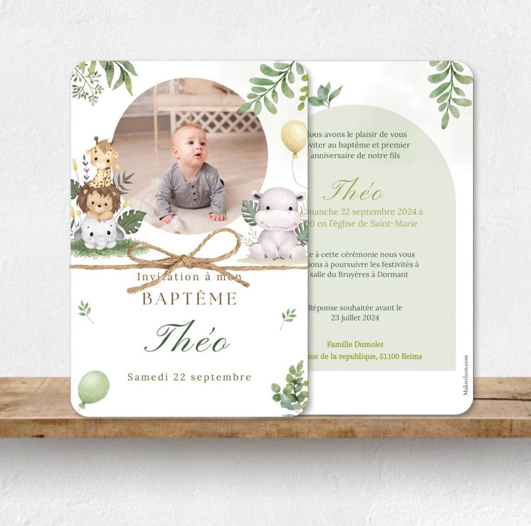 Faire-part baptême - thème de la jungle - animaux de la jungle ...