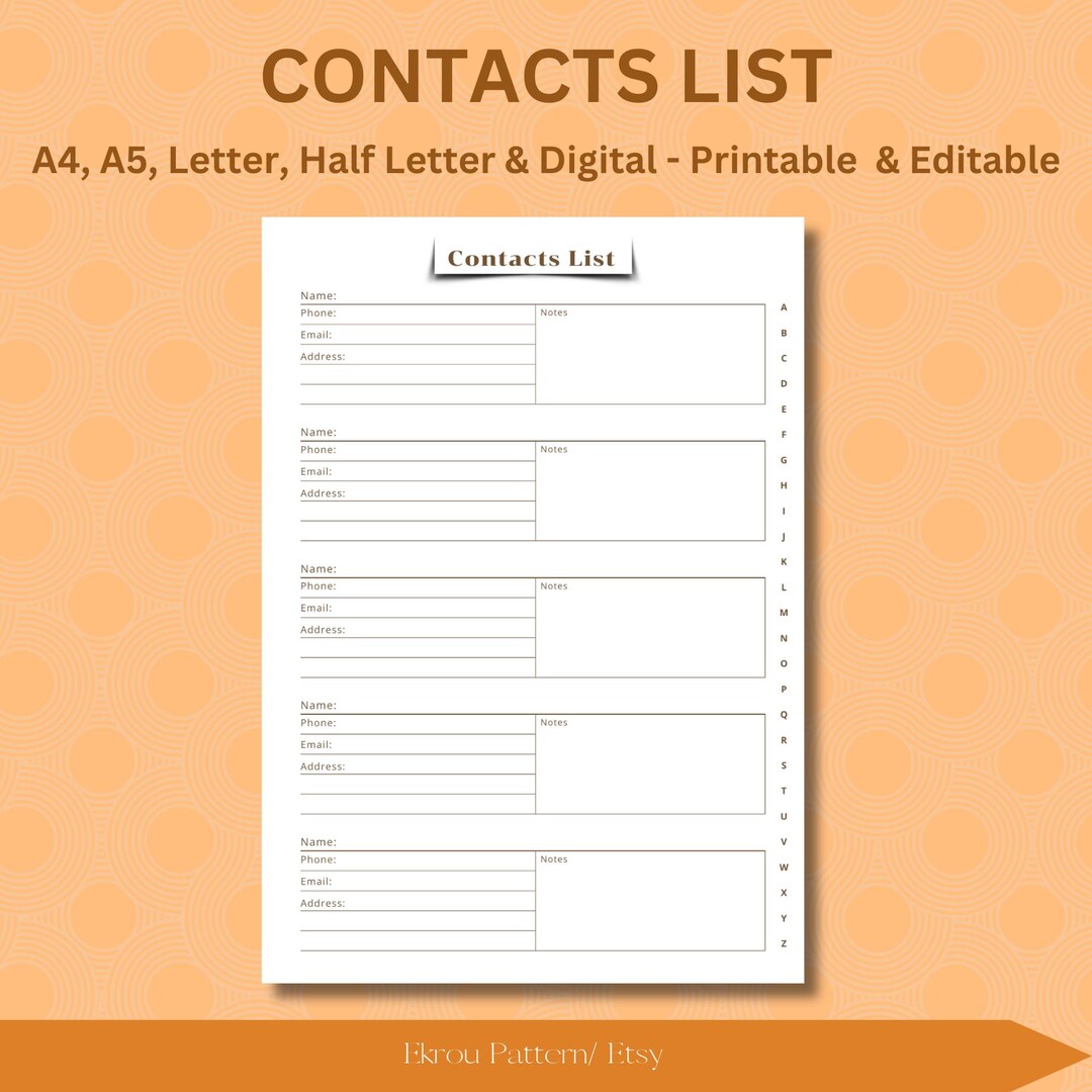 Editable Contacts List: Fillable Address Book (A4 A5 Letter Half) - Etsy