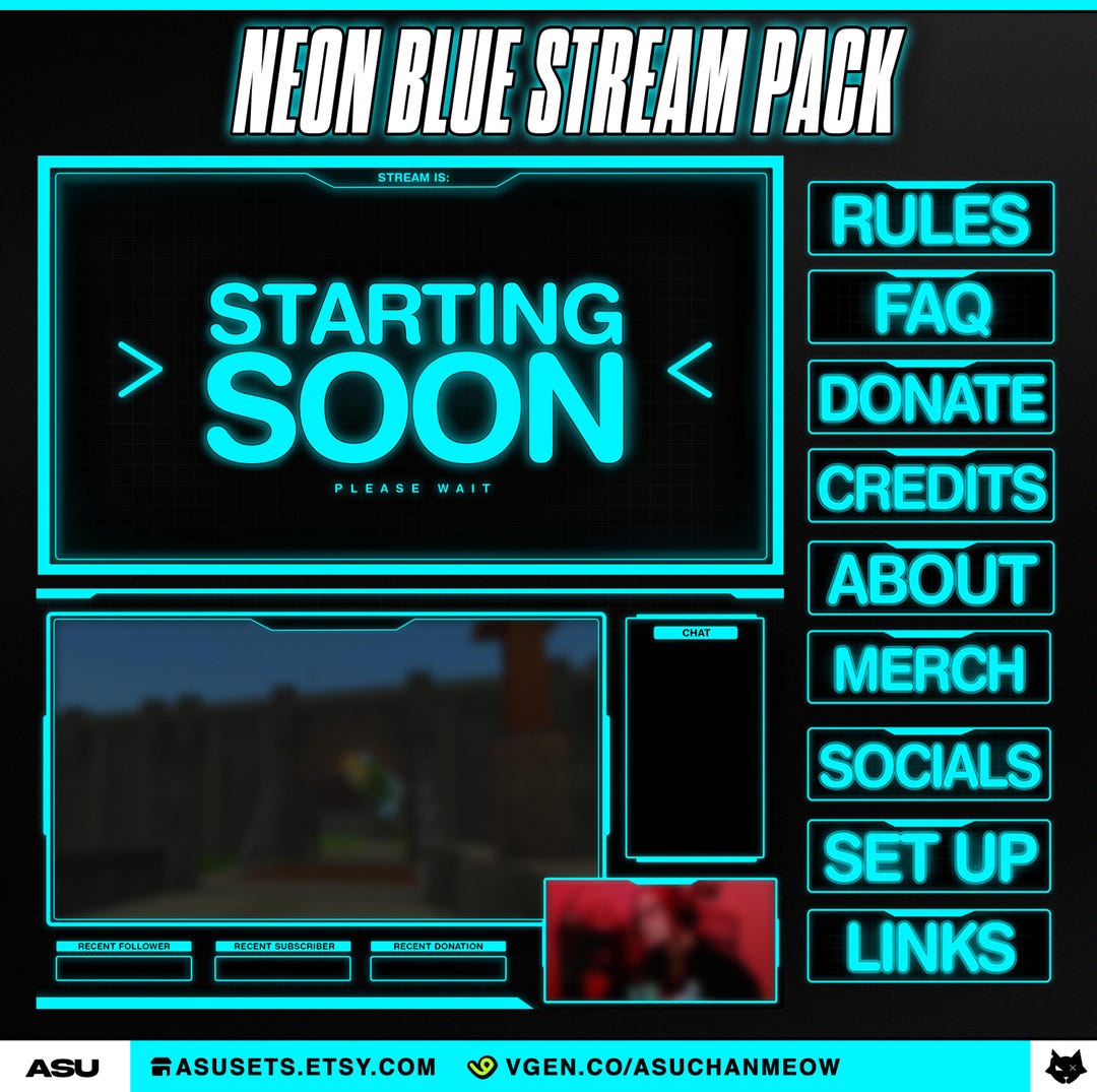 Neon Blue Stream Overlays Package | Twitch Overlay, Panels, Just ...