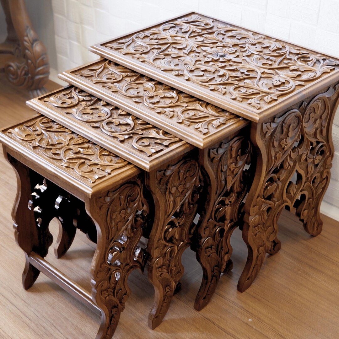 Hand Carved Walnut Nesting Tables, Floral Accent Furniture, Set of 4 - Etsy