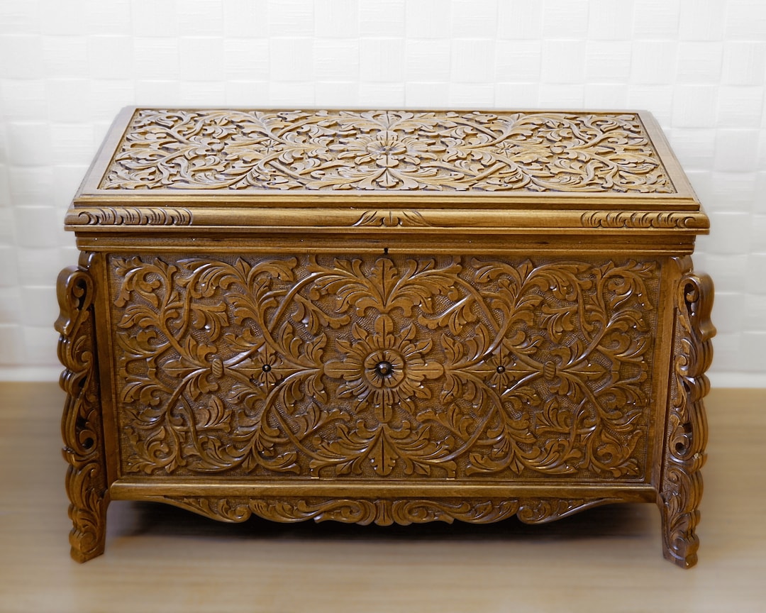 Handcrafted Walnut Wood Chest | Vintage Floral Carvings, Decorative ...