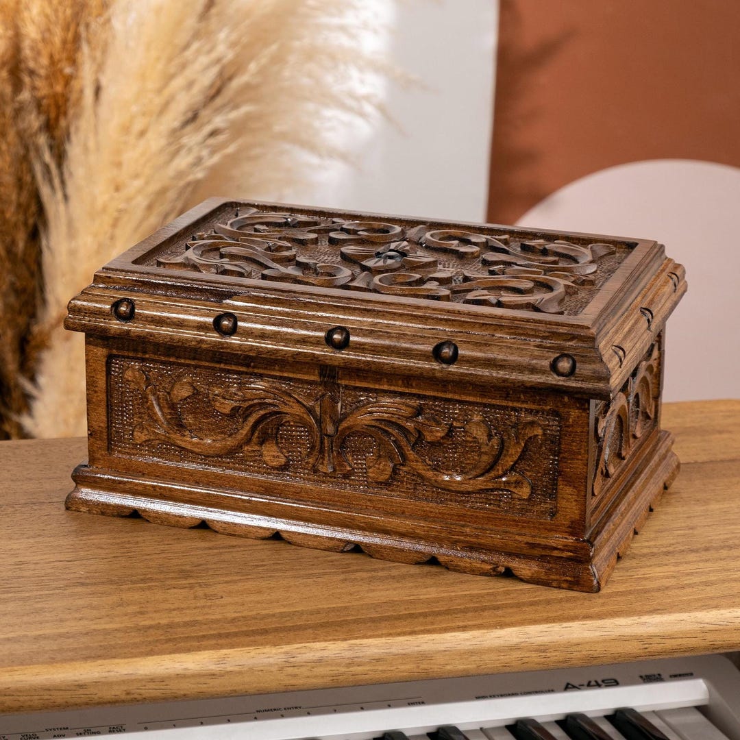 Hand Carved Flower Design Wooden Box With Secret Lock, Vintage Jewelry ...