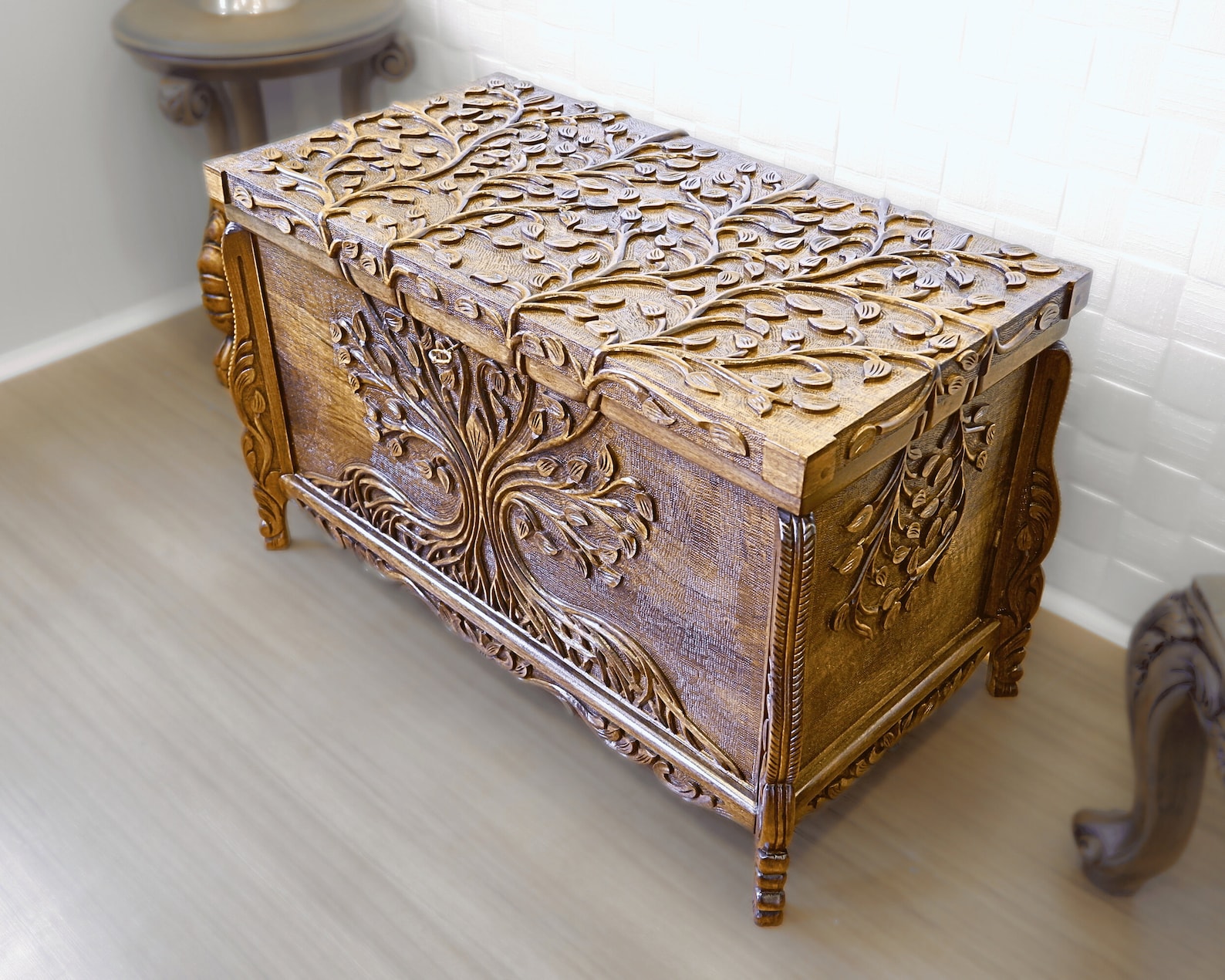 Hand-carved Walnut Wood Trunk: Tree of Life Blanket Chest - Etsy