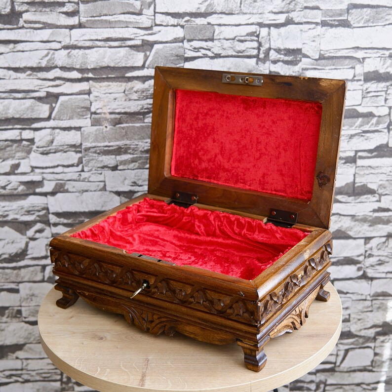 Handmade Lockable Walnut Jewelry Box, Red Velvet Interior - Etsy