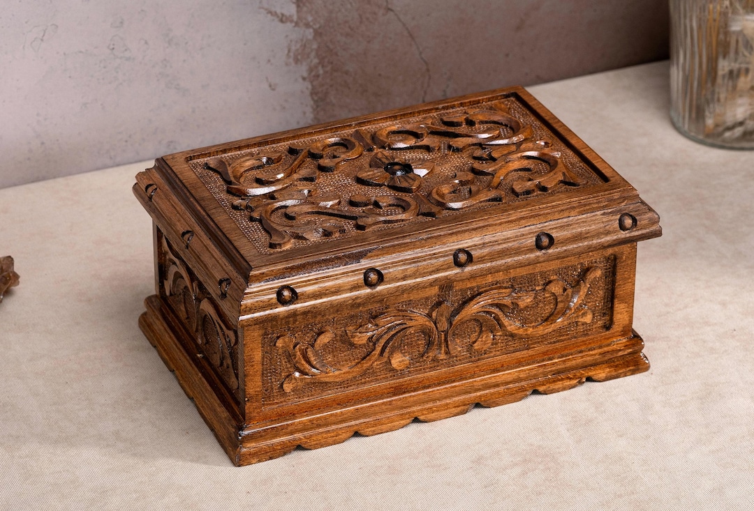 Hand Carved Flower Design Wooden Box With Secret Lock, Vintage Jewelry ...