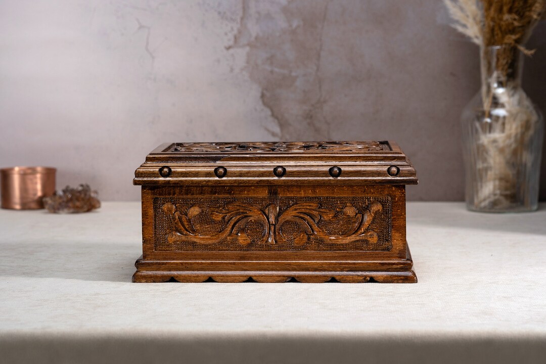 Hand Carved Flower Design Wooden Box With Secret Lock, Vintage Jewelry ...
