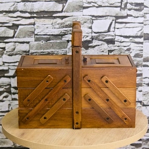Large Wooden Sewing Organizer Box With Handle, Expandable Accordion ...