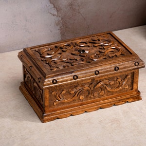Hand Carved Flower Design Wooden Box With Secret Lock, Vintage Jewelry ...