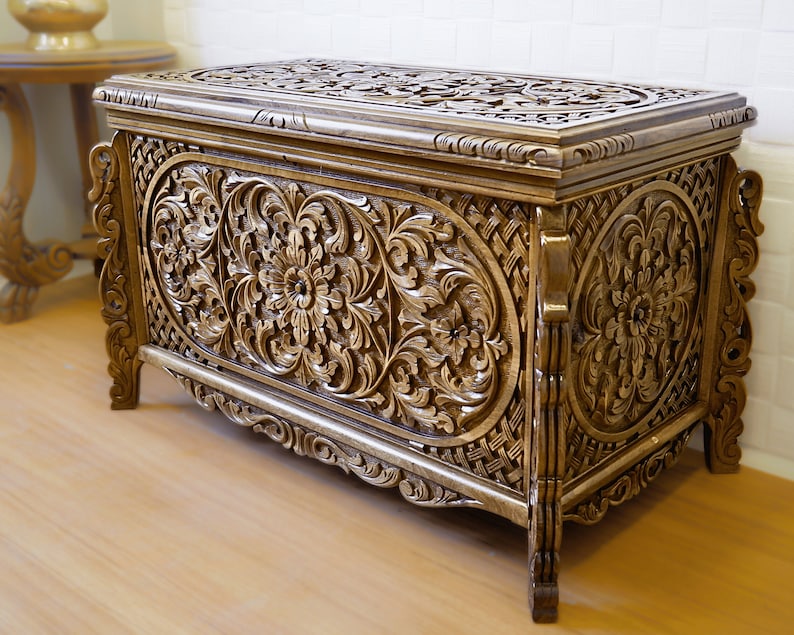 Hand-carved Walnut Wood Trunk, Antique Style Dowry Chest - Etsy