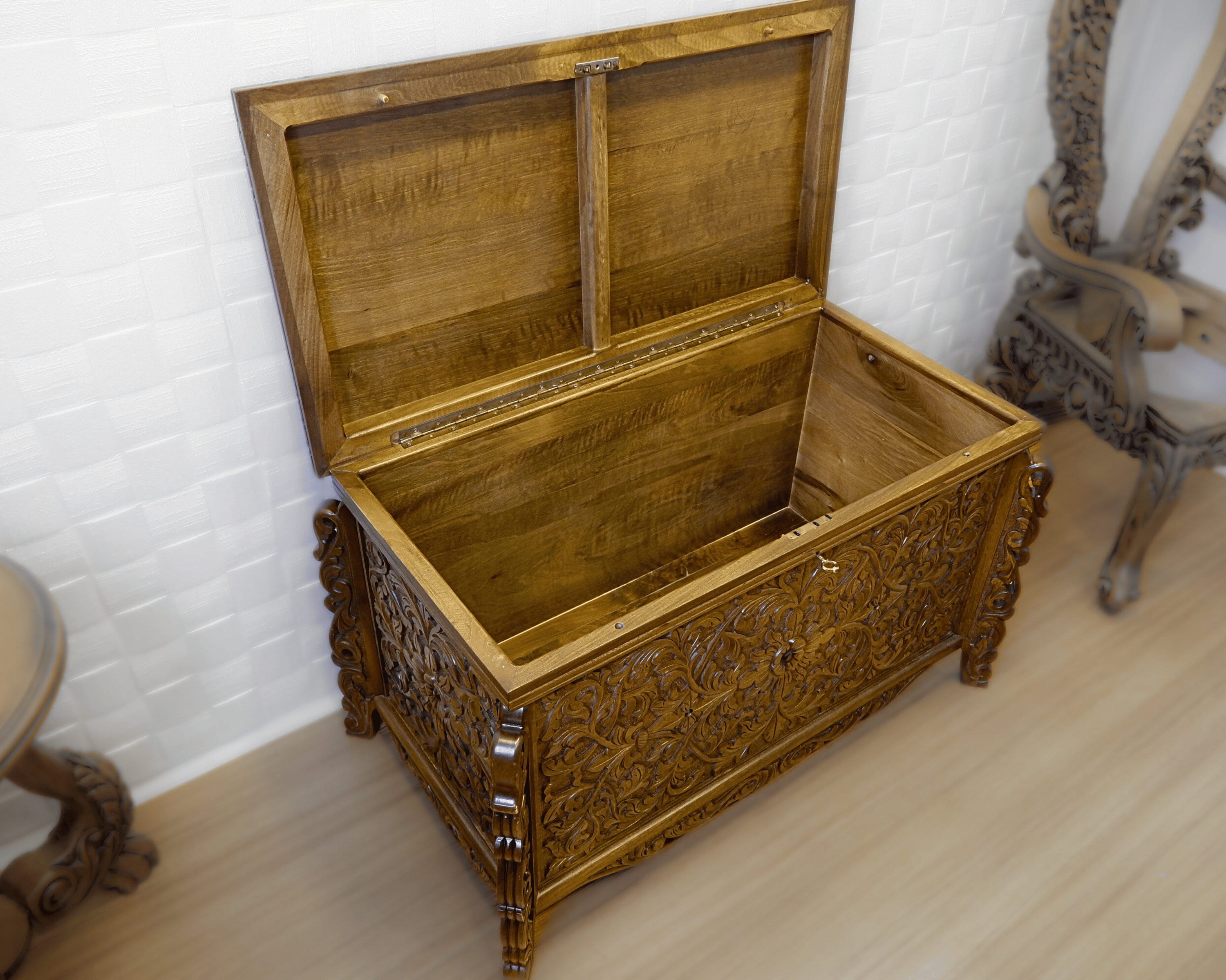 Handcrafted Walnut Wood Chest | Vintage Floral Carvings, Decorative ...
