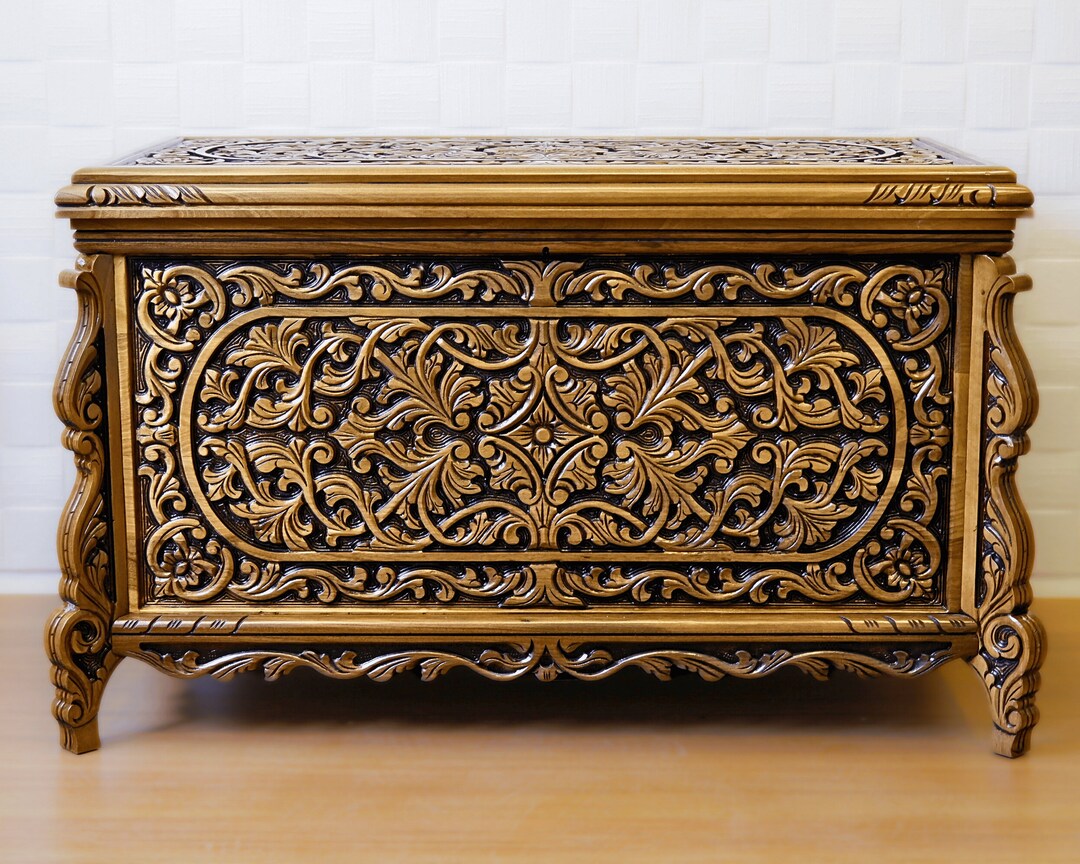 Large Hand Carved Walnut Trunk Coffee Table, Mid-century Chest ...