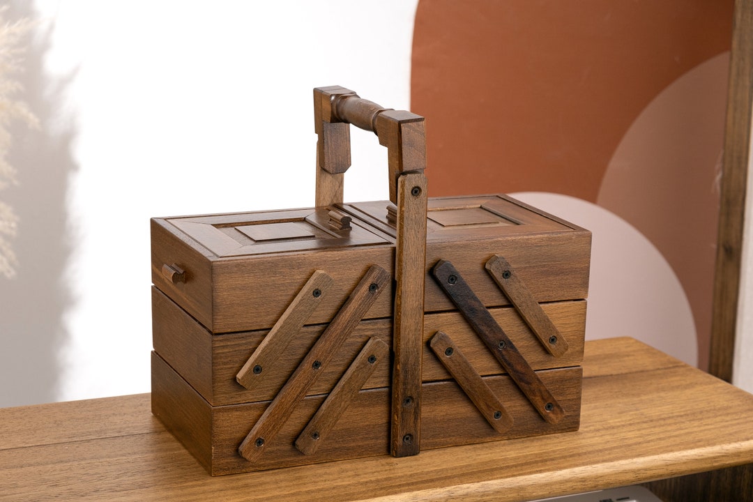 Wood Sewing Basket, Fold Out Sewing Box, Hand Carving Sewing Chest ...