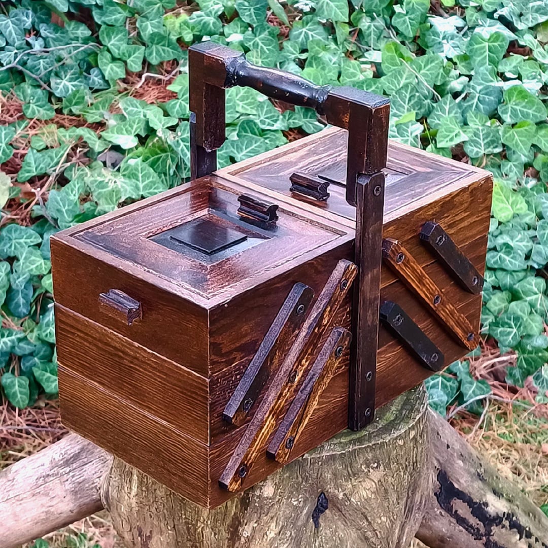 Wood Sewing Basket, Fold Out Sewing Box, Hand Carving Sewing Chest ...