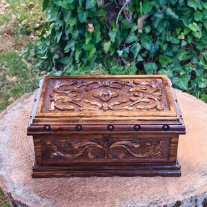 Hand Carved Flower Design Wooden Box With Secret Lock, Vintage Jewelry ...