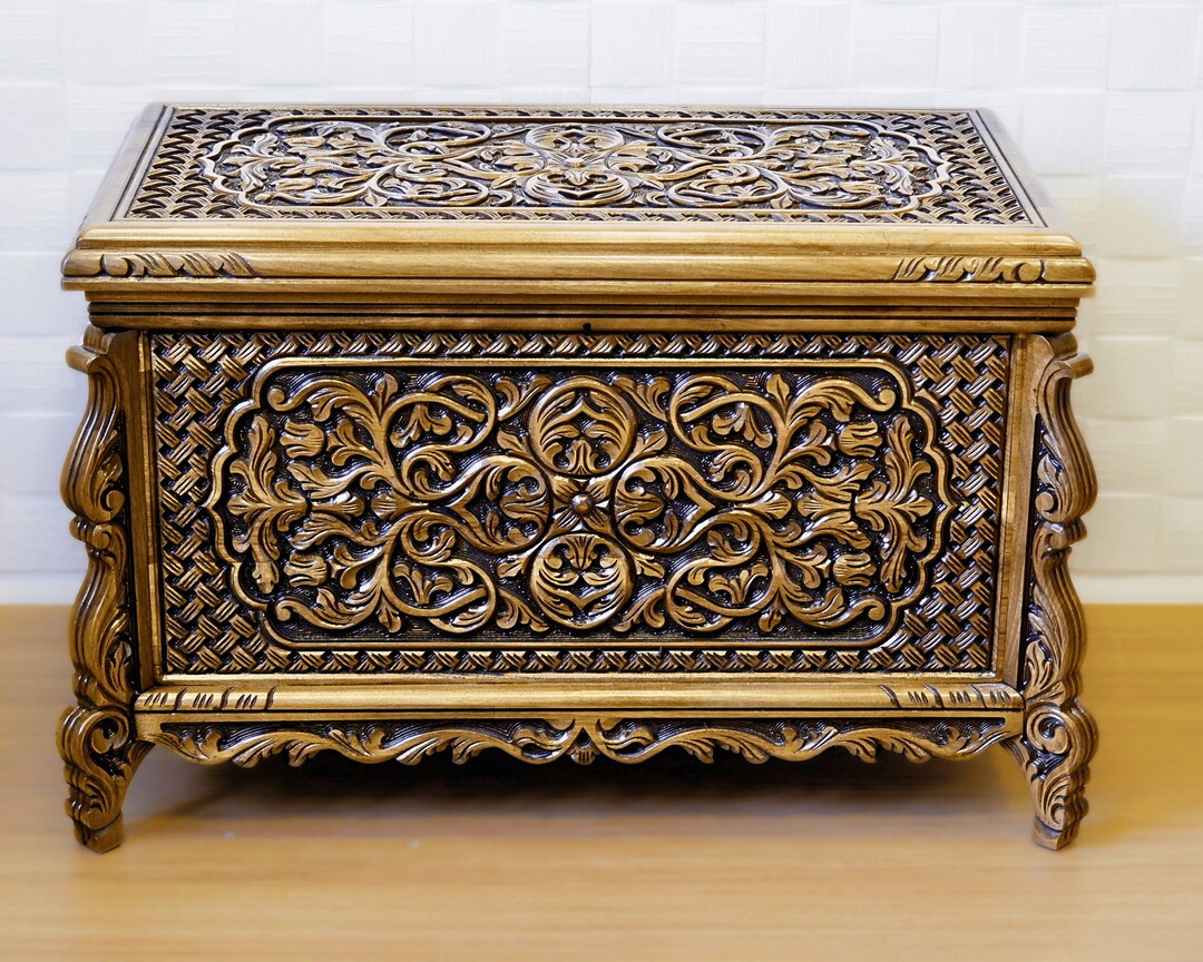 Hand Carved Walnut Wood Trunk - Vintage Blanket Chest, Lockable Storage ...