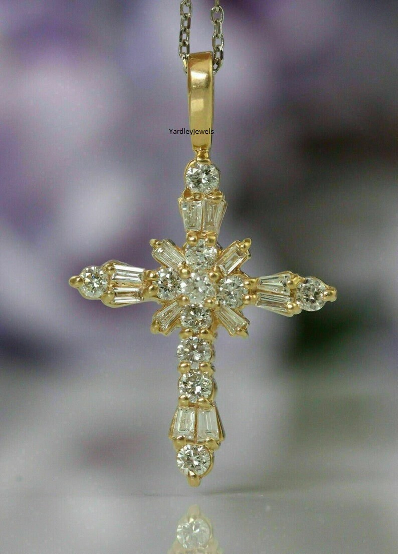 14k Solid Gold Cross Charm With Baguette Cut Cubic Zirconia Stones ...