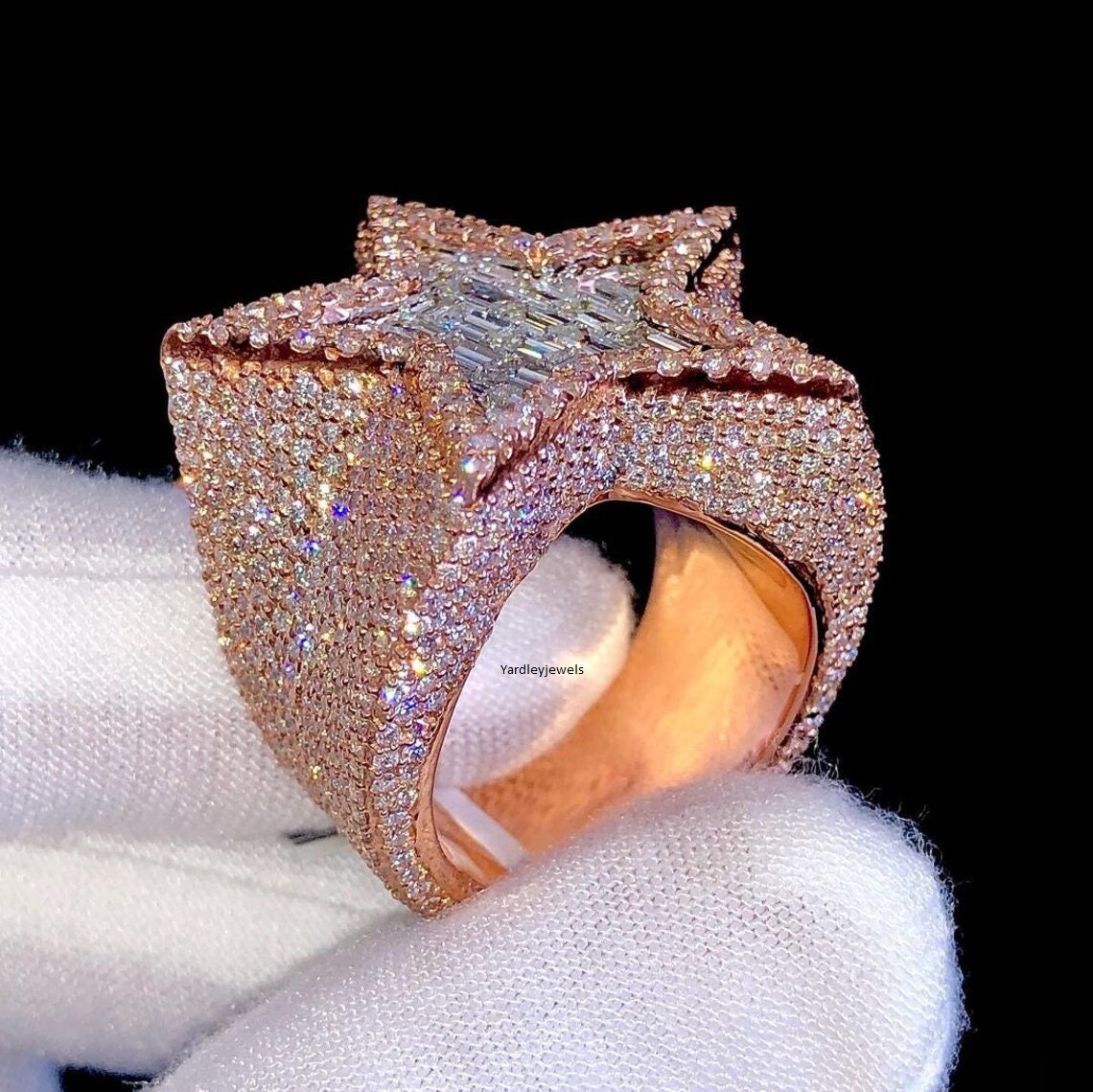 Star Ring CZ Baguette Diamond Star Ring Men Women Unisex Star Ring Iced ...
