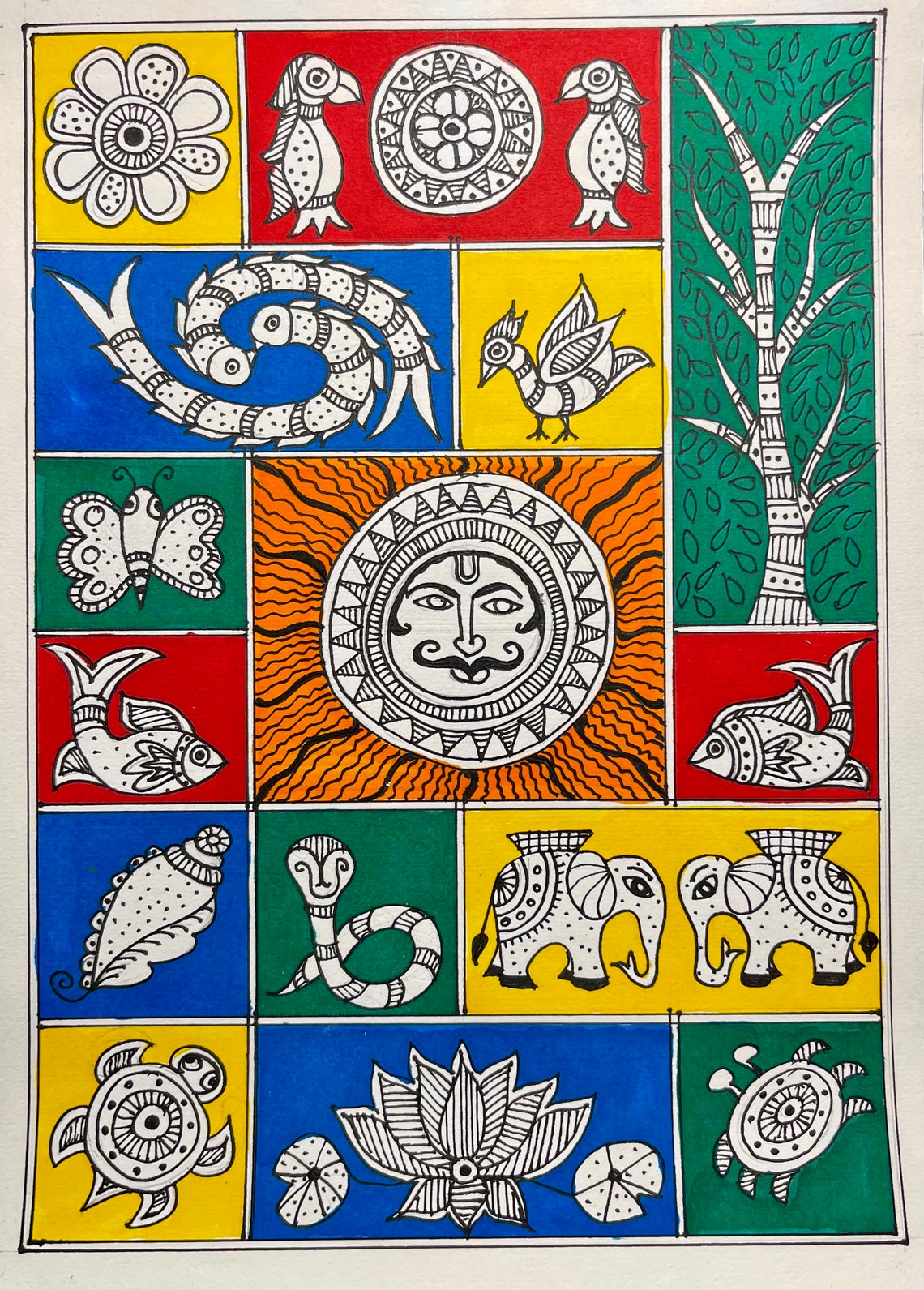 Mithila Painting Khobar Elements/ Colourful/ Nature/ Madhubani - Etsy