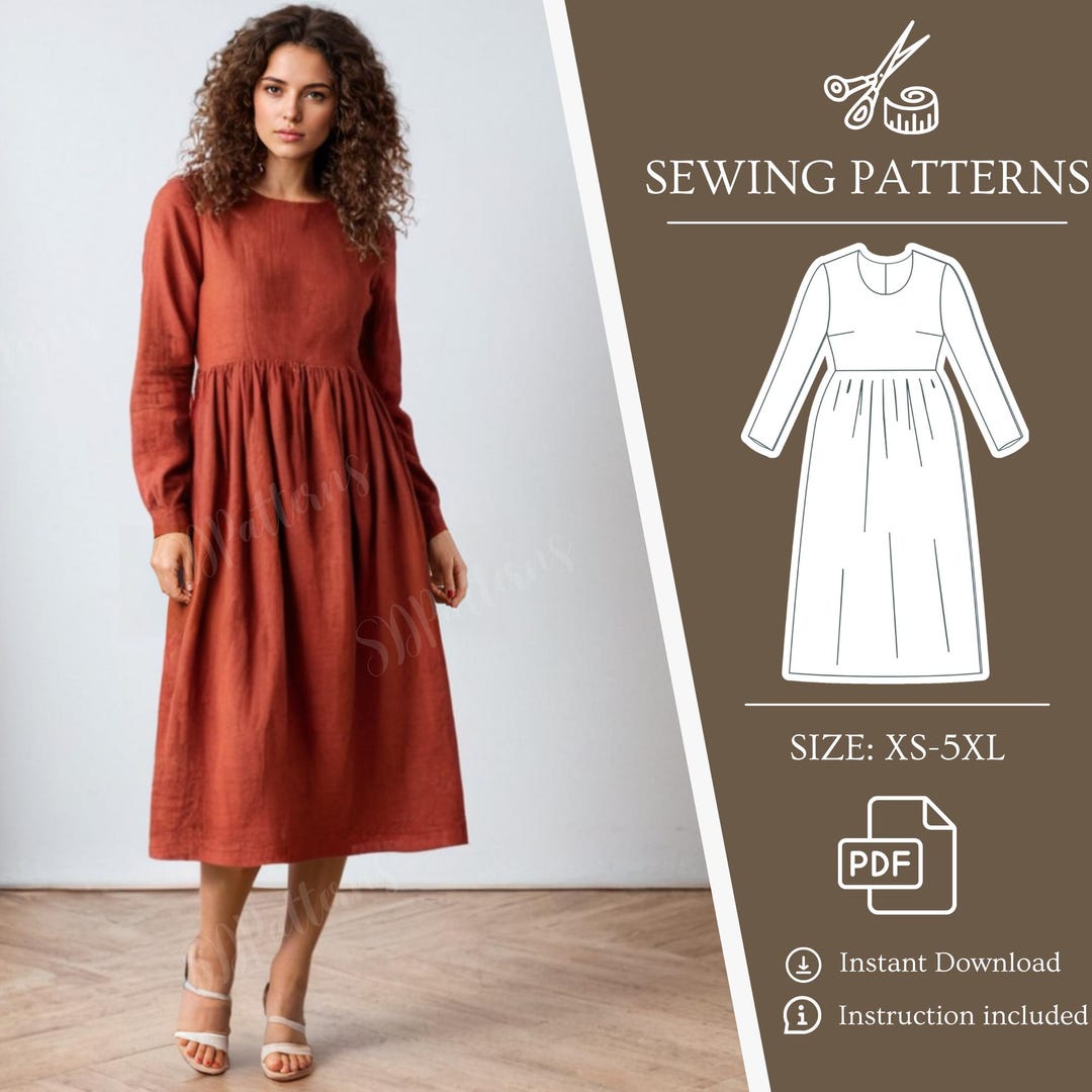A-line Gathered Waist Dress, Linen Dress, Long Sleeve, Sewing PDF ...