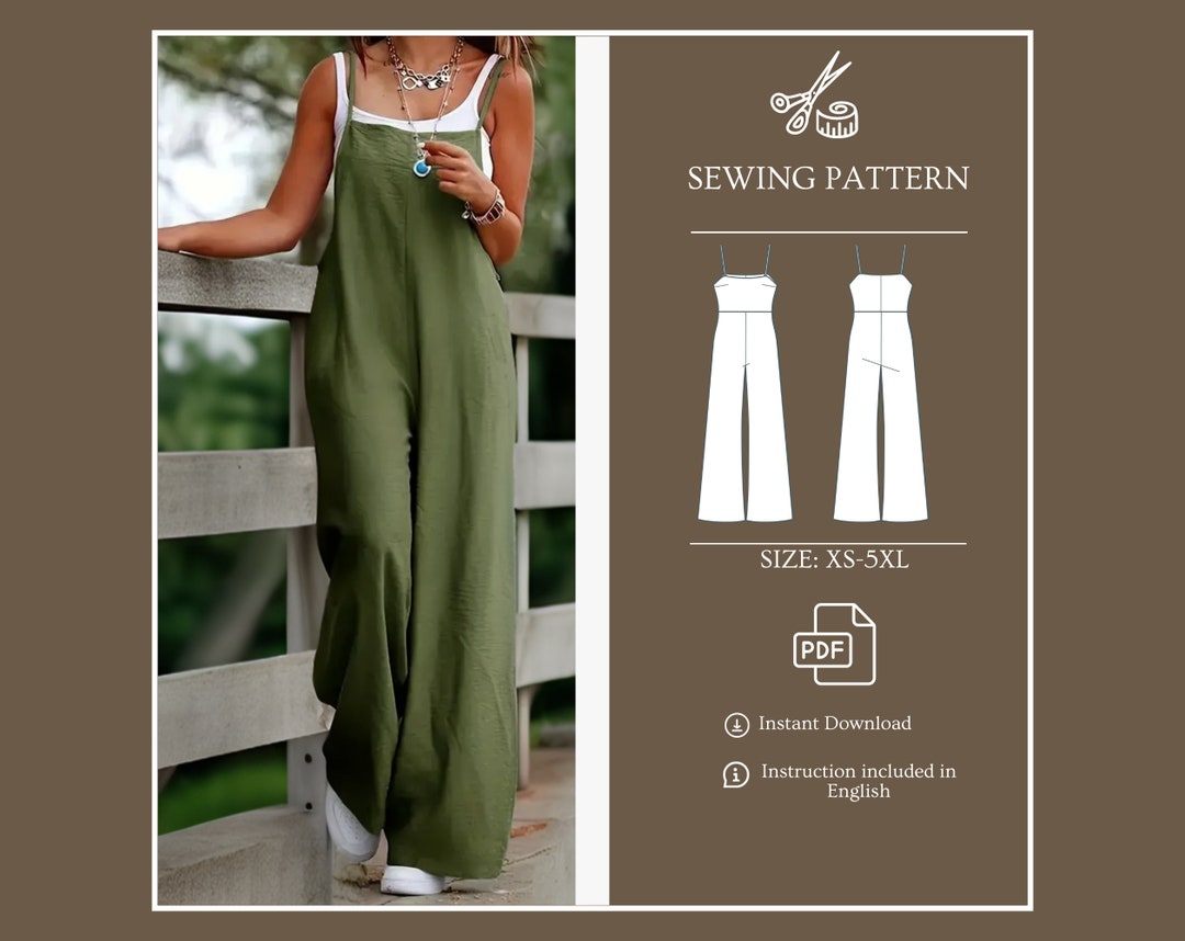 Spaghetti Wide Leg Sewing Jumpsuit Pattern, Sleeveless Jumpsuit, PDF Instant Download, XS-5XL ...