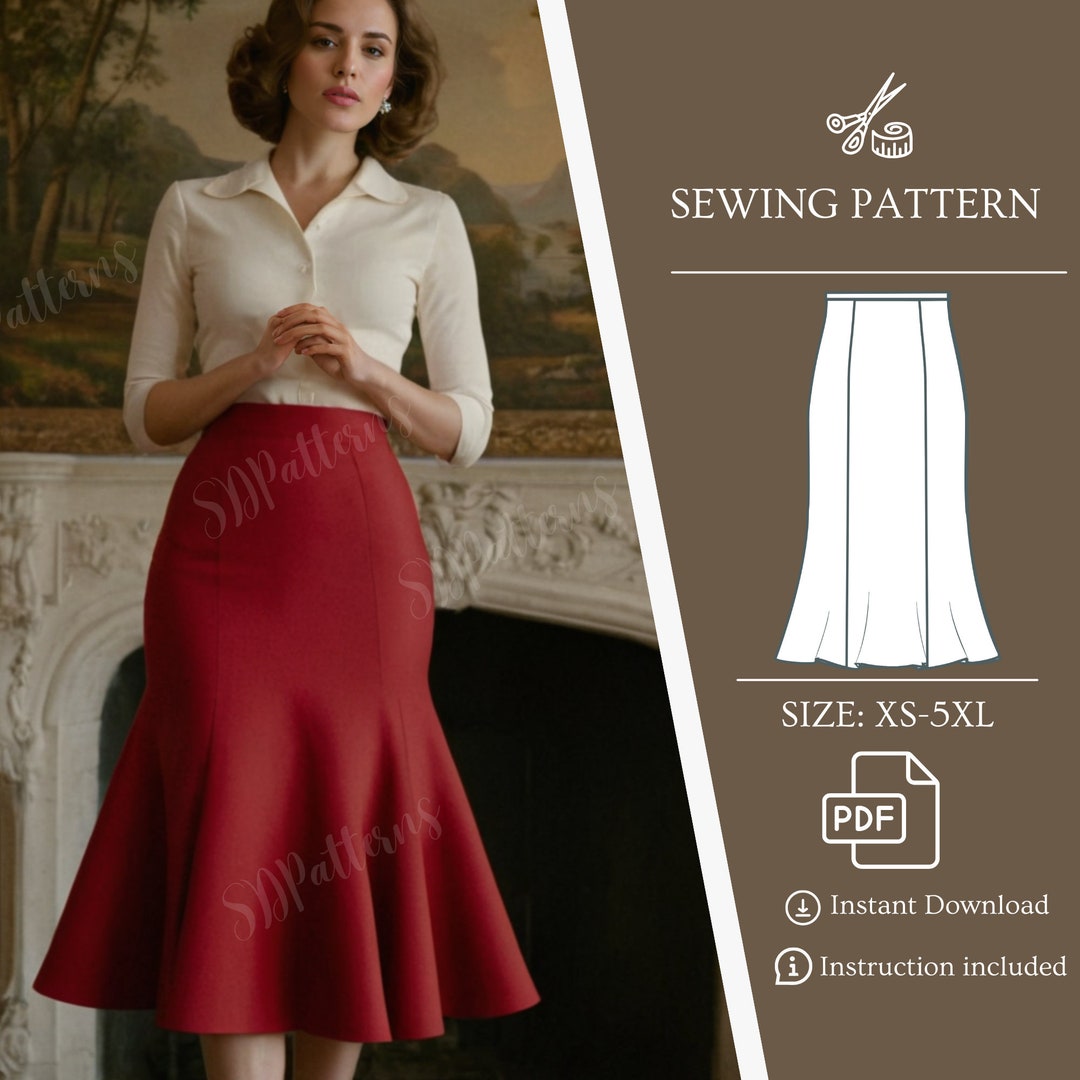 High Waist Midi Trumpet Skirt Sewing Pattern, PDF Sewing Pattern ...