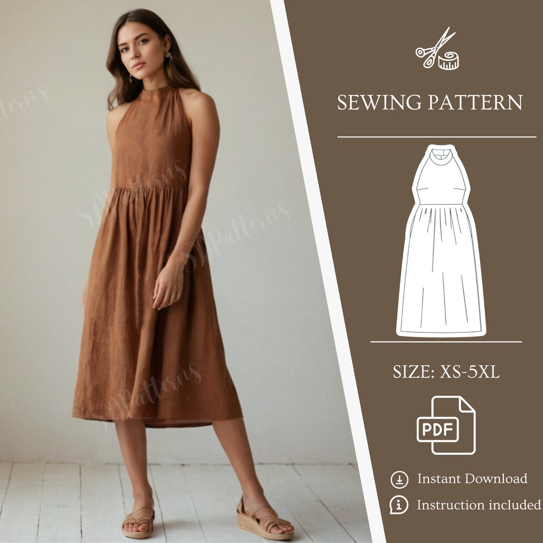 Linen Gathered Dress With Stand Collar, Halter Neckline, Midi Summer ...