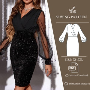 Mesh Lantern Sleeve Sewing Pattern Dress, Sequin Bodycon Dress, PDF ...
