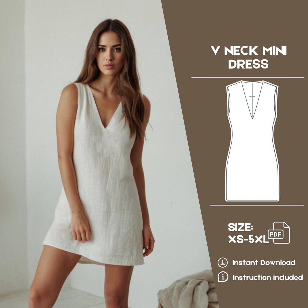 Sewing Dress Pdf Pattern, V-neck Linen Dress, Sleeveless Dress, Mini ...