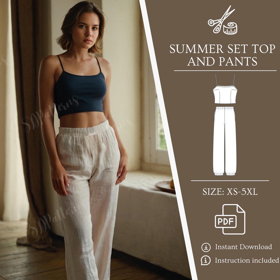 Crop Top and Pants Sewing Pattern Tank Top Loose Pants Pattern Straps ...