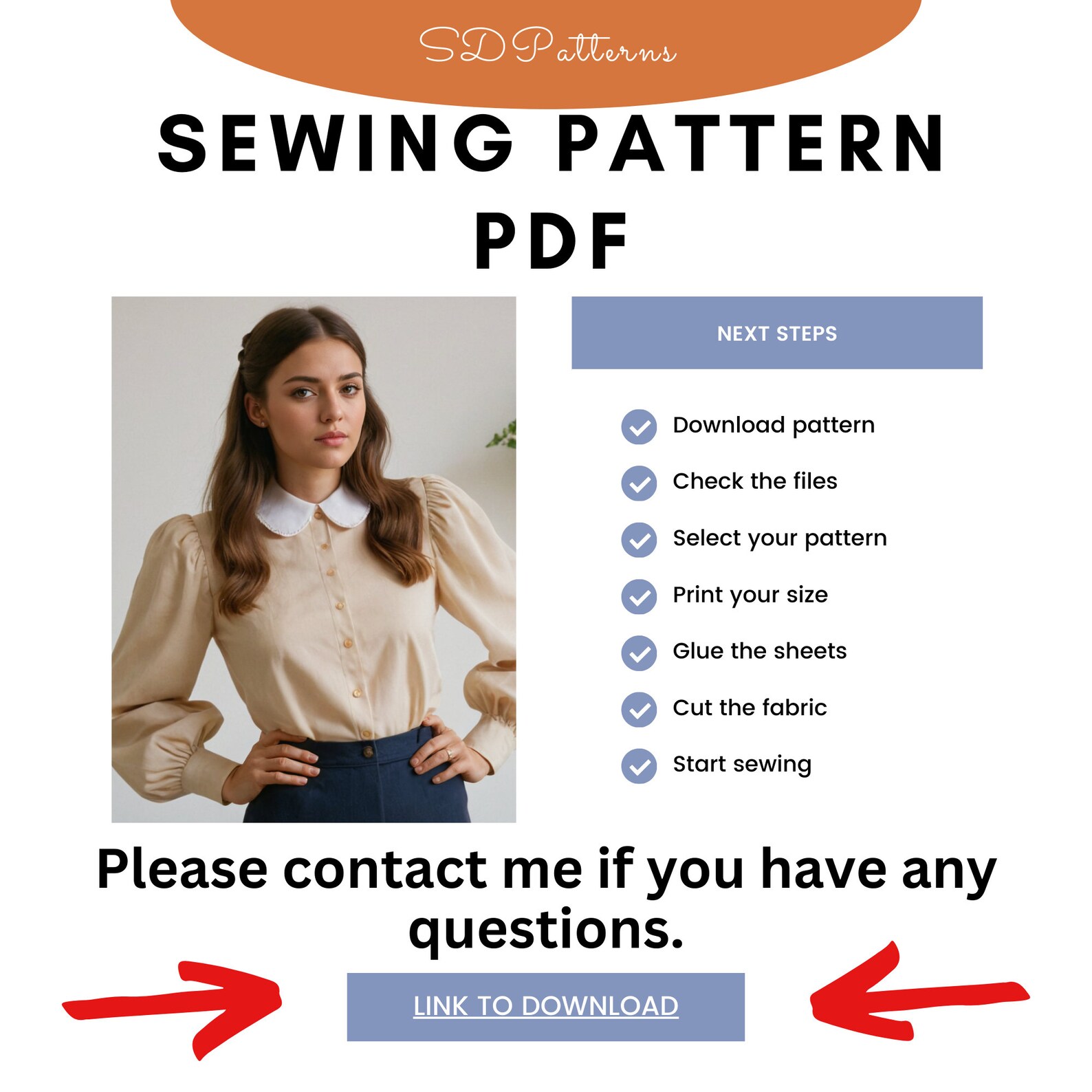 Peter Pan Collar Blouse, Bishop Sleeve, Sewing Pattern, PDF Letter A0 Pattern, English ...