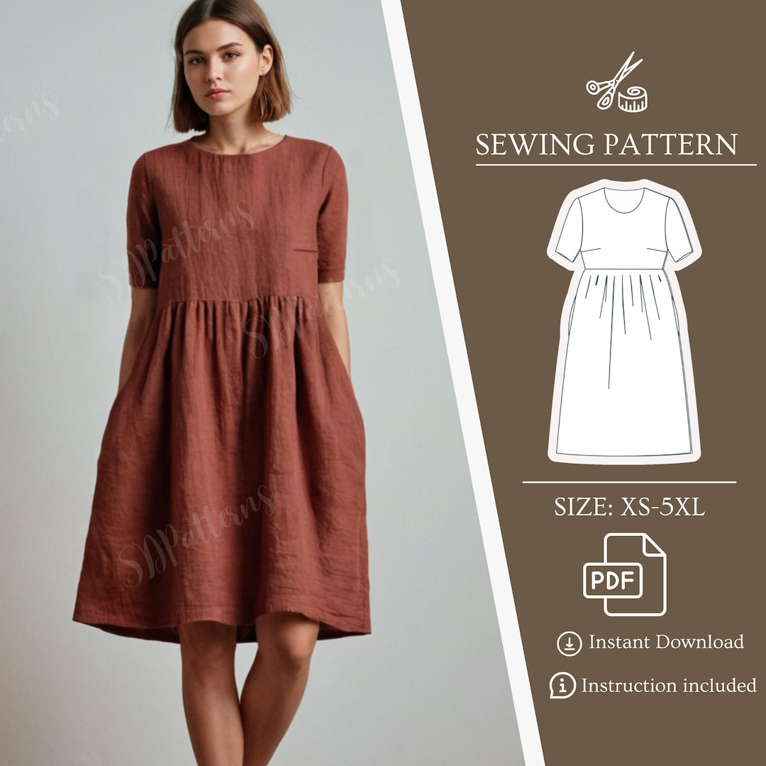 A-line Loose Dress, Linen Dress, Sewing PDF Pattern Dress, Hight Waist ...