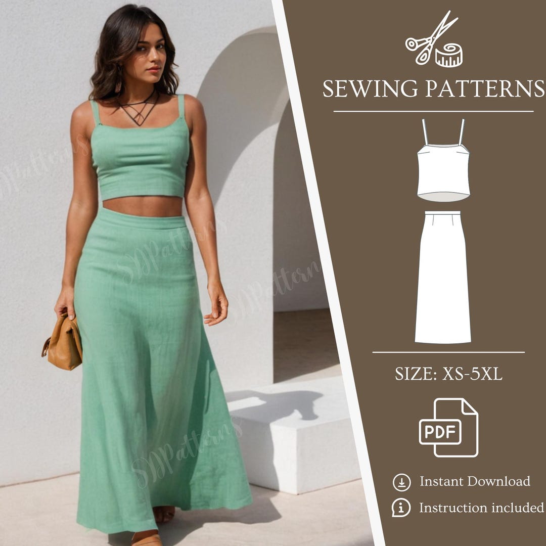 Two-piece Crop Top and Maxi Skirt Sewing Pattern PDF XS-5XL Sizes DIY ...