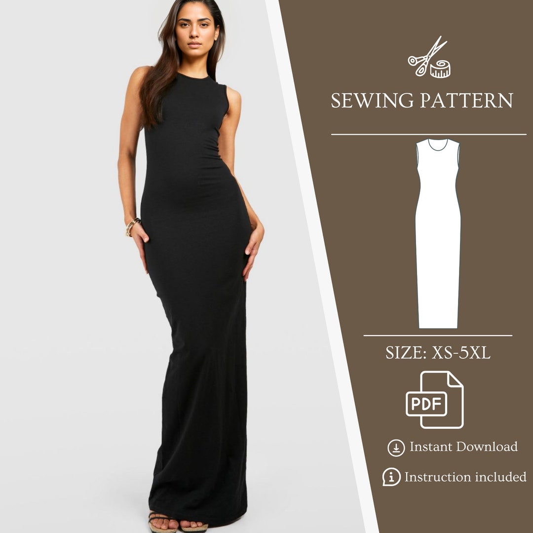 Maxi Dress Sewing Pattern PDF Digital Pencil Long Dress Sleeveless ...