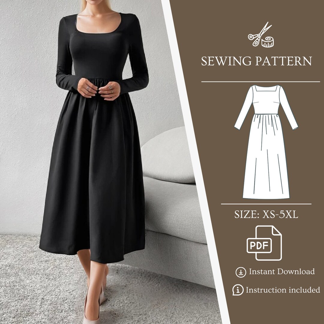 Maxi Ruffle Dress PDF Pattern, Long Sleeve Dress Sewing Pattern, Formal ...