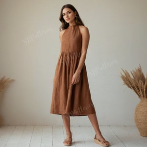 Linen Gathered Dress With Stand Collar, Halter Neckline, Midi Summer ...