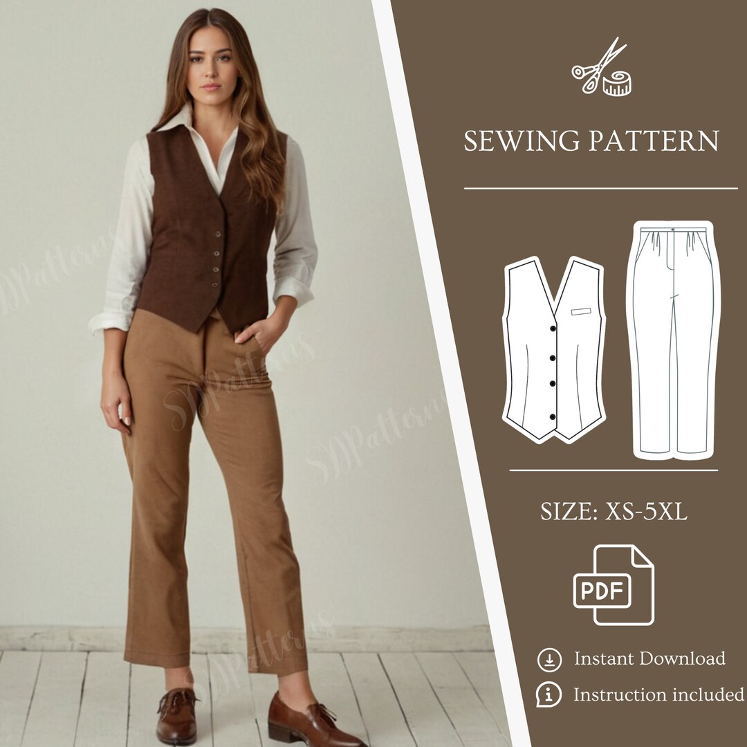 Set Vest and Pants Sewing Pattern, Women Vest, Pants Vest Pattern ...