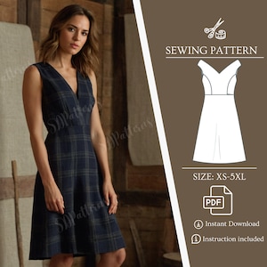 Sleeveless V-neck Sewing Pattern Dress, High Waist A-line Dress, PDF ...