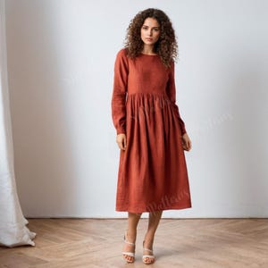 A-line Gathered Waist Dress, Linen Dress, Long Sleeve, Sewing PDF ...